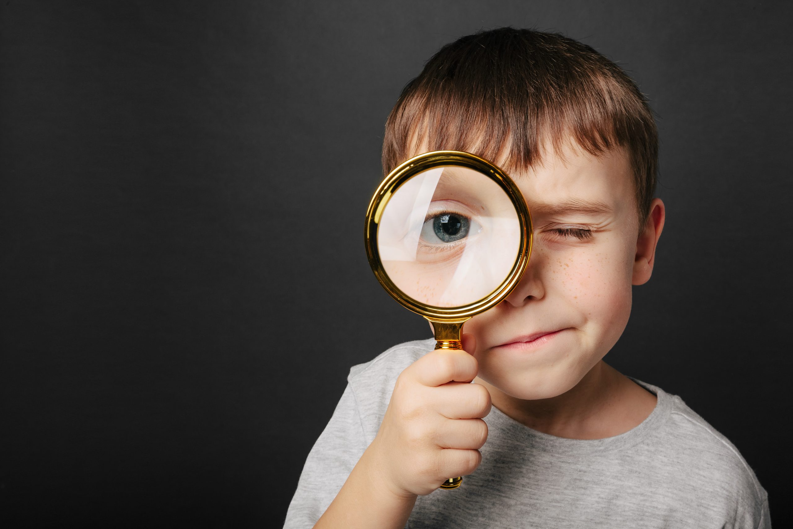 Child See Through Magnifying Glass On The Black Backgrounds Big Kid Eye